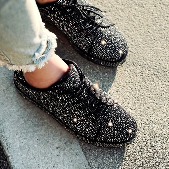 Shoes | New Black Pewter Rhinestone Crystal Embellished Laceup Sneakers ...